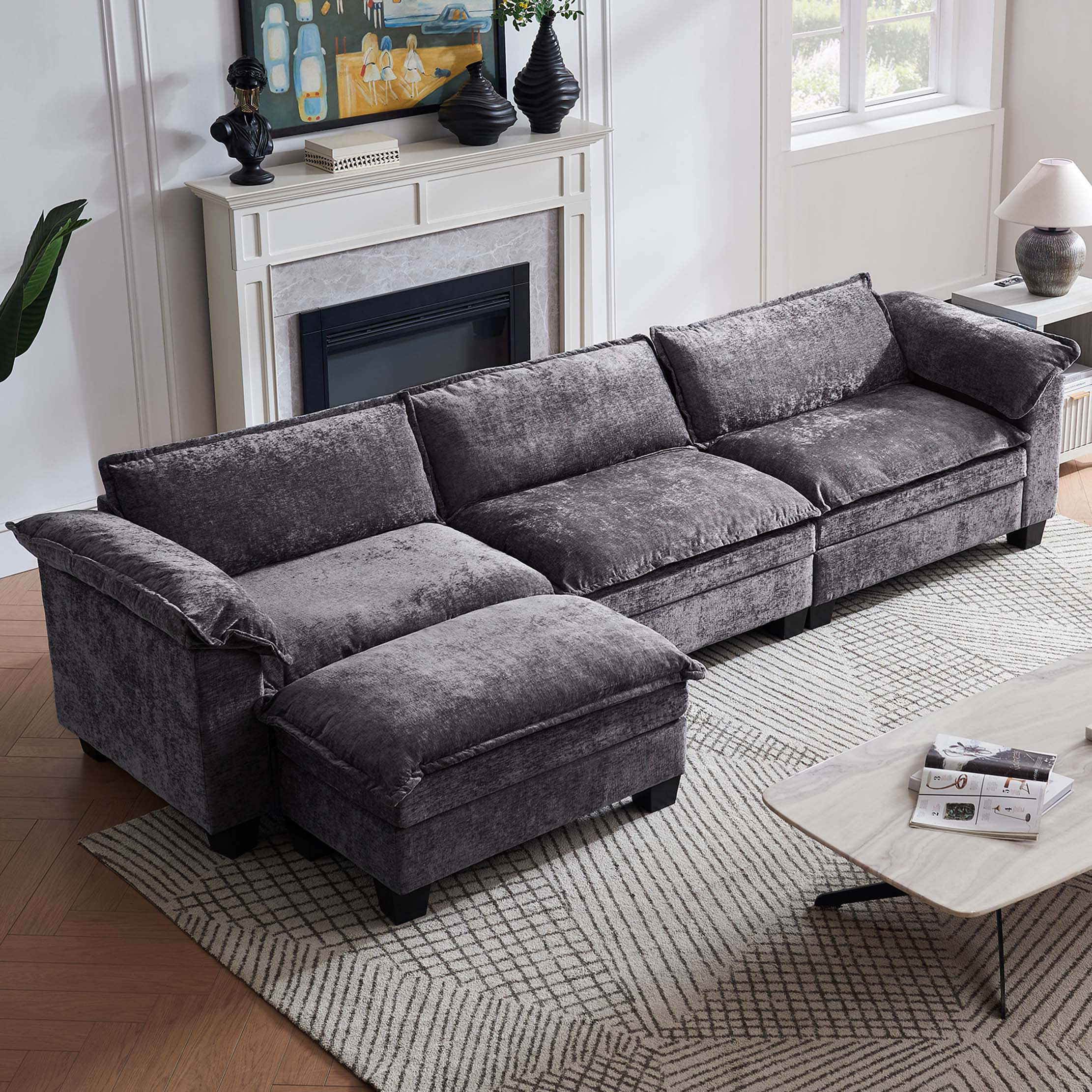 Ivy Bronx Comfy Modular Sectional Couch With Ottoman, 120" L Shaped 3 Deep Seat Fluffy Cloud ...